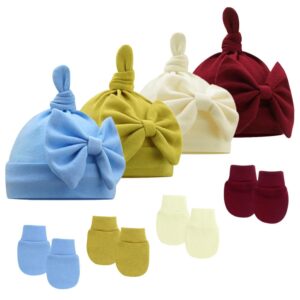 8PCS Newborn Baby Hats and Mittens Set Bow Beanies No Scratch Mittens Warm Elastic Infants Hats 0-6 Months