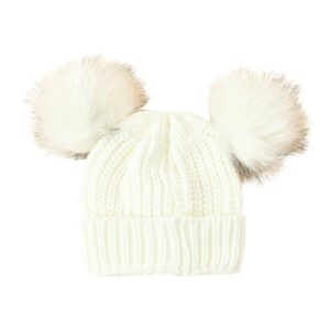 winter warm knitted baby hat for girls boys thick cable knit beanie faux fur pom pom beanie hat kids crochet hairball cap (white)