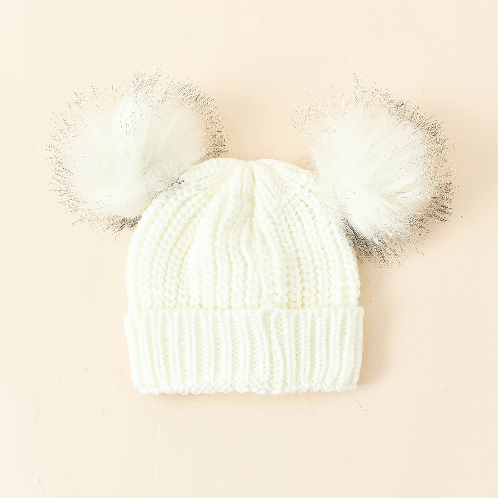 Winter Warm Knitted Baby Hat for Girls Boys Thick Cable Knit Beanie Faux Fur Pom Pom Beanie Hat Kids Crochet Hairball Cap (White)