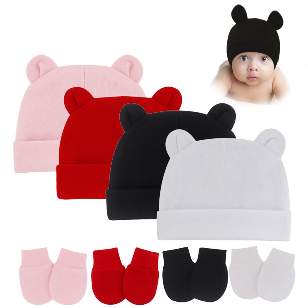 4 Sets Newborn Baby Hat and Mitten Set, Cute Animal Ears Beanies and No Scratch Mittens for 0-12 Months