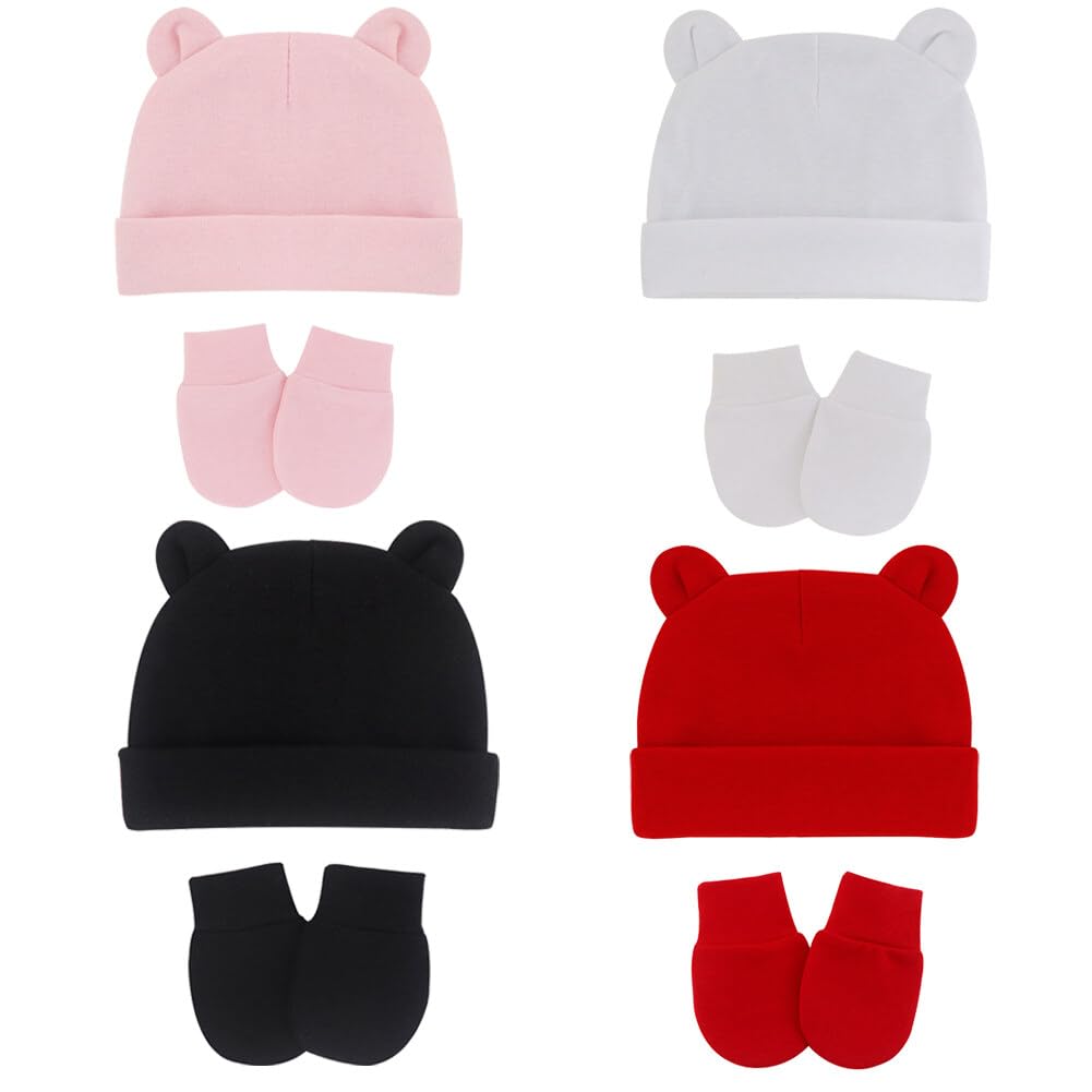 4 Sets Newborn Baby Hat and Mitten Set, Cute Animal Ears Beanies and No Scratch Mittens for 0-12 Months