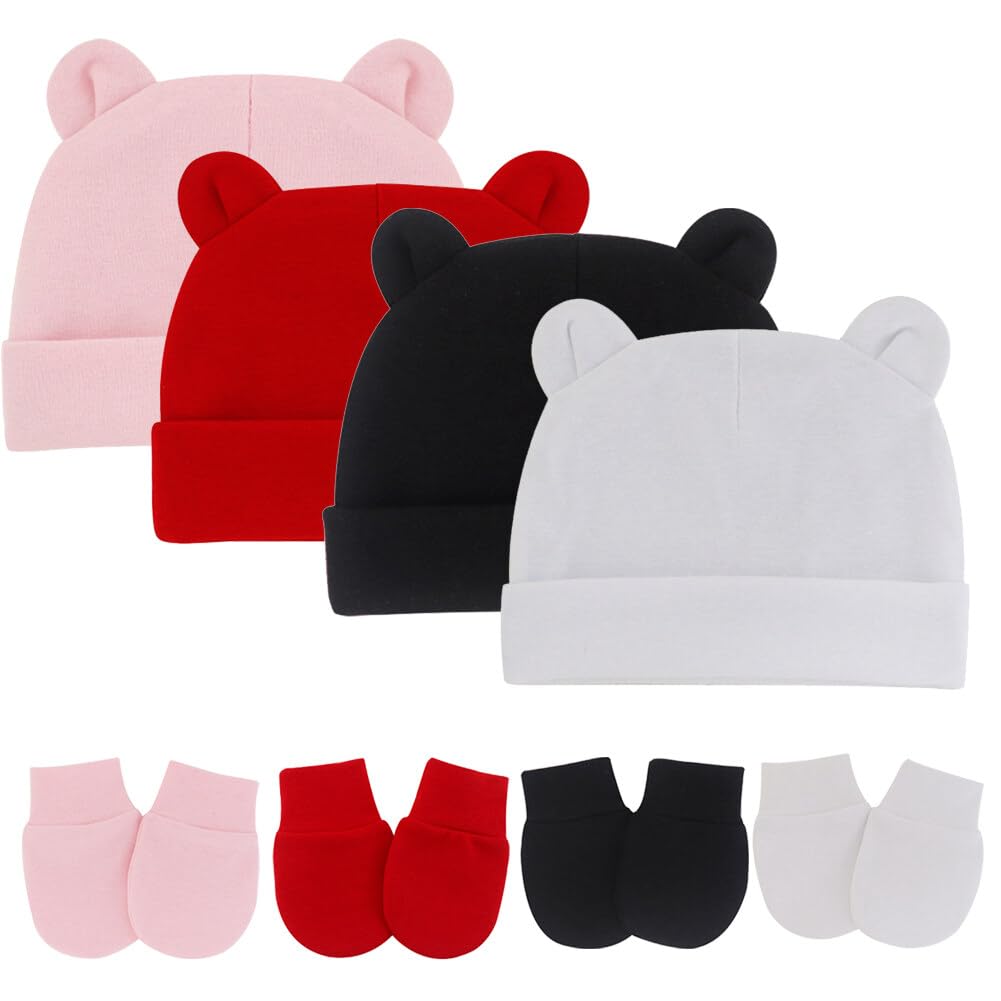 4 Sets Newborn Baby Hat and Mitten Set, Cute Animal Ears Beanies and No Scratch Mittens for 0-12 Months