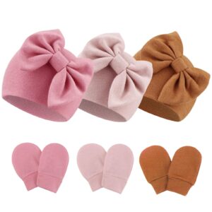 newborn baby bow hats and mittens hospital hat beanie infant caps baby cotton no scratch mittens set for 0-6 months