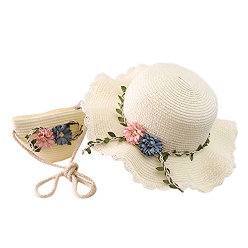 Hat Sun + Bag Children Sunscreen Sunshade Girls Hat Flower Beach Kids Hat Baby Sun Hats (White, One Size)