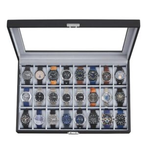 songmics watch box, 24-slot watch case, lockable watch storage box with glass lid, gift idea, ink black synthetic leather, gray lining ujwb024