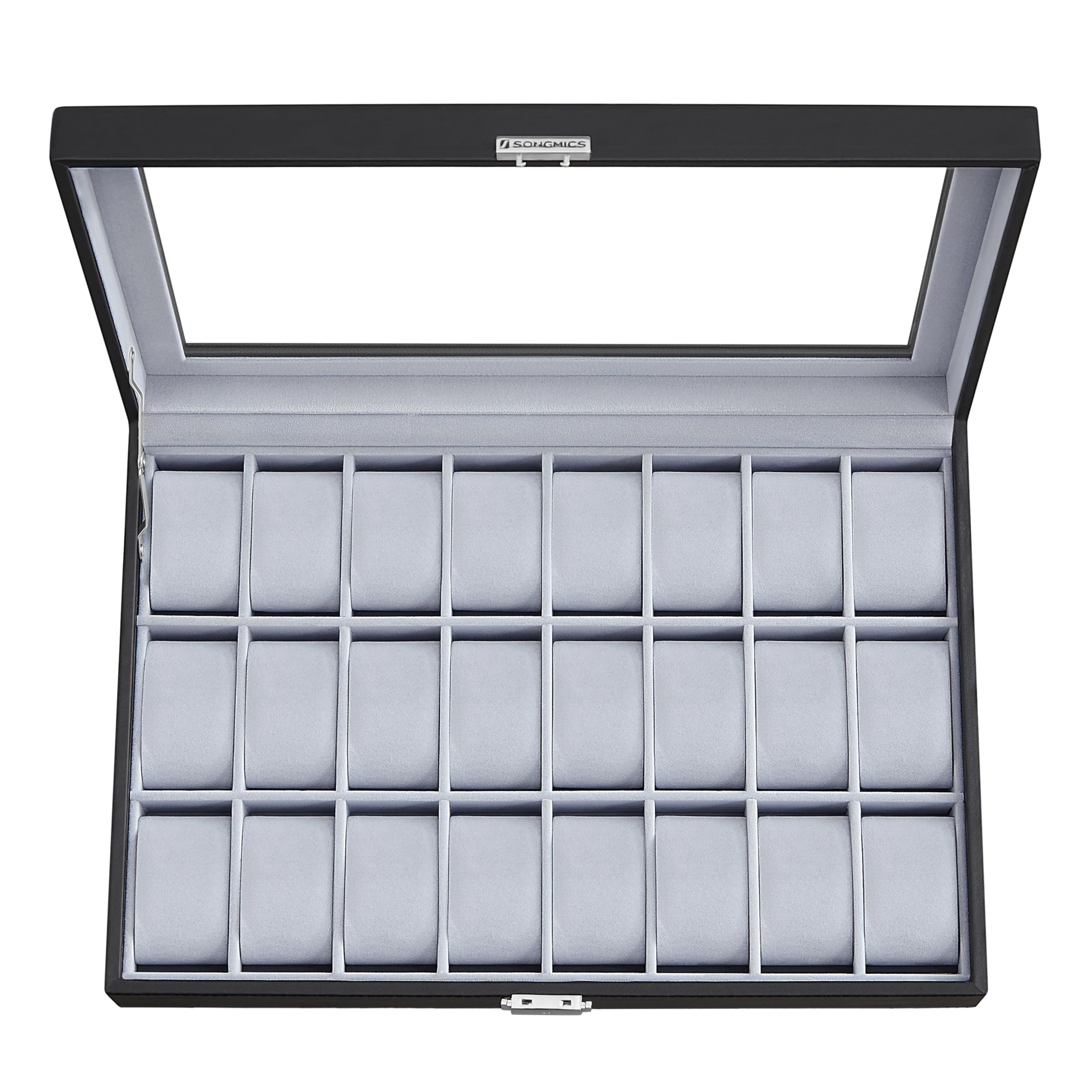 SONGMICS Watch Box, 24-Slot Watch Case, Lockable Watch Storage Box with Glass Lid, Gift Idea, Ink Black Synthetic Leather, Gray Lining UJWB024