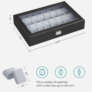 SONGMICS Watch Box, 24-Slot Watch Case, Lockable Watch Storage Box with Glass Lid, Gift Idea, Ink Black Synthetic Leather, Gray Lining UJWB024