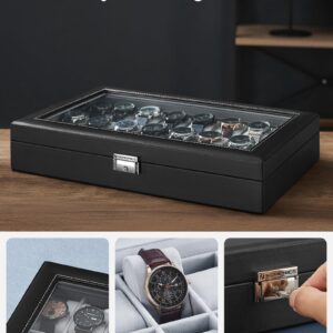 SONGMICS Watch Box, 24-Slot Watch Case, Lockable Watch Storage Box with Glass Lid, Gift Idea, Ink Black Synthetic Leather, Gray Lining UJWB024