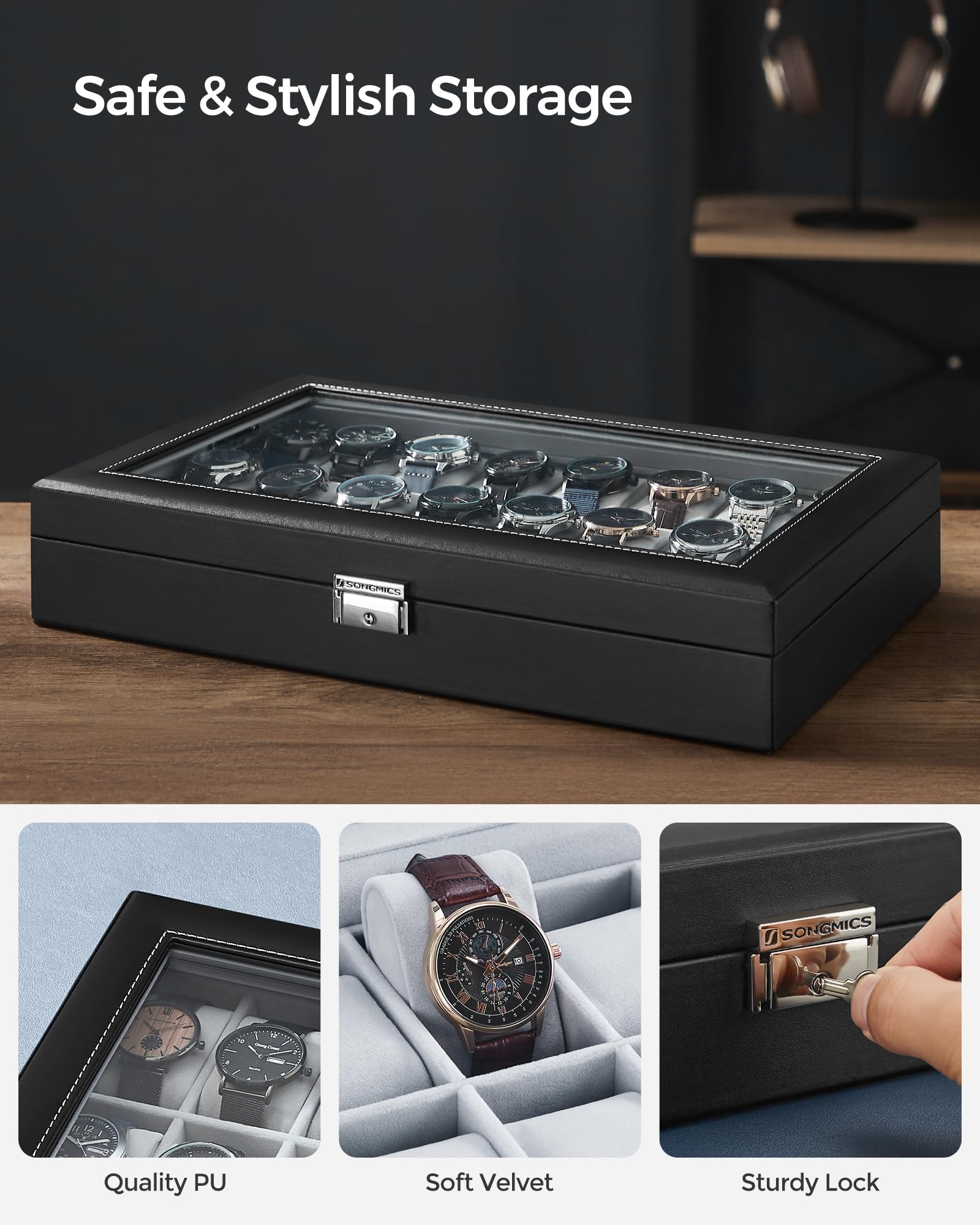 SONGMICS Watch Box, 24-Slot Watch Case, Lockable Watch Storage Box with Glass Lid, Gift Idea, Ink Black Synthetic Leather, Gray Lining UJWB024