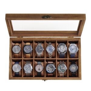 songmics watch box, 12-slot watch case, solid wood watch box organizer with glass lid, watch display case with removable pillows, gift for loved ones, rustic walnut ujow120k01