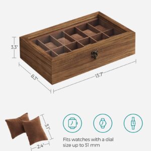 SONGMICS Watch Box, 12-Slot Watch Case, Solid Wood Watch Box Organizer with Glass Lid, Watch Display Case with Removable Pillows, Gift for Loved Ones, Rustic Walnut UJOW120K01