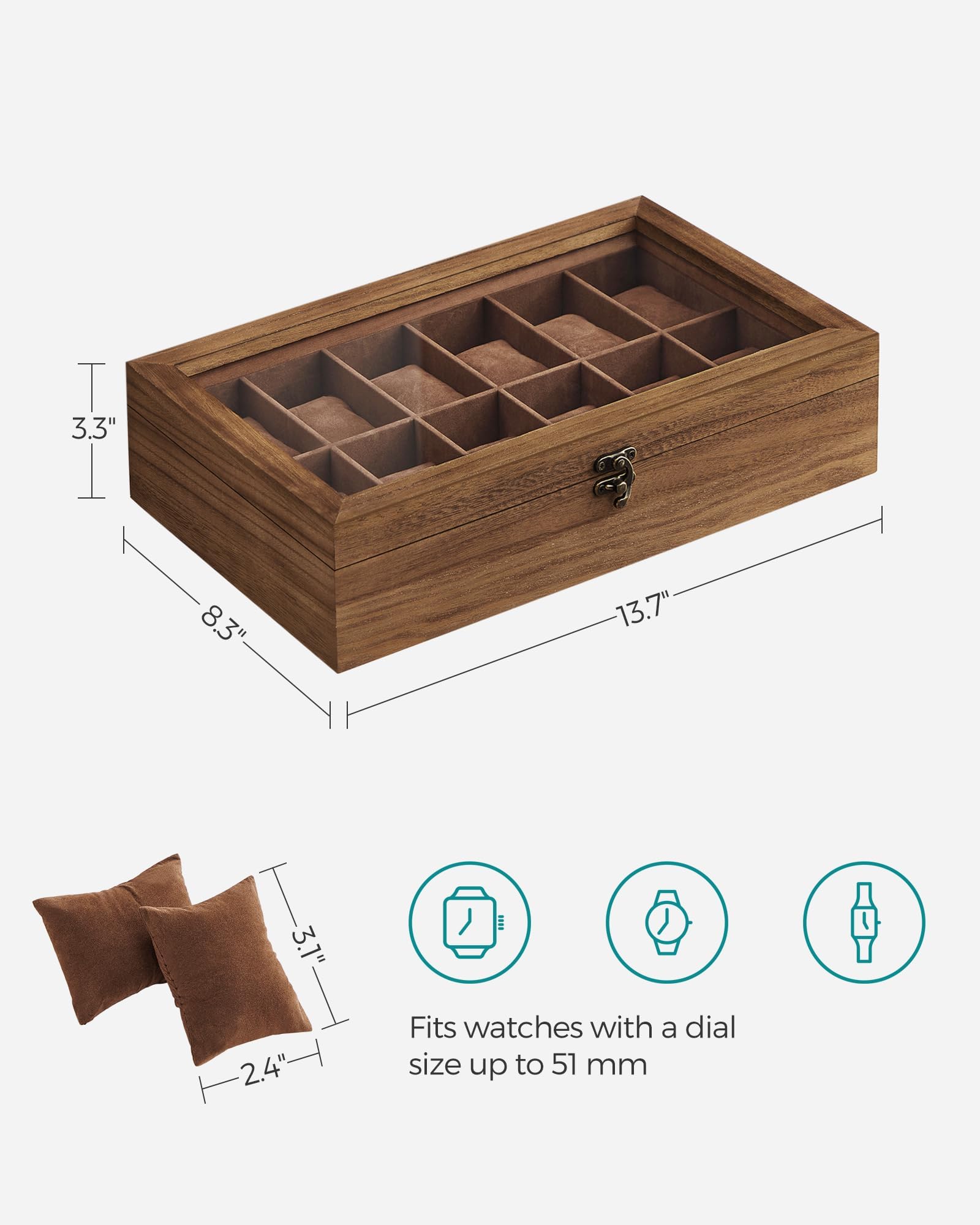 SONGMICS Watch Box, 12-Slot Watch Case, Solid Wood Watch Box Organizer with Glass Lid, Watch Display Case with Removable Pillows, Gift for Loved Ones, Rustic Walnut UJOW120K01