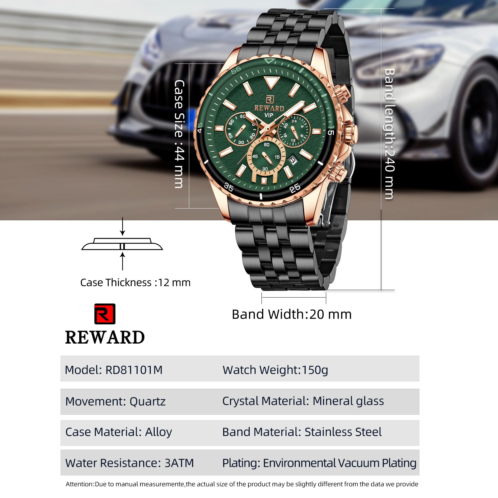 REWARD Mens Wrist Watches Fashion Round Dial Business Date Chronograph Luminous Waterproof Big Face Watch for Men Green Black