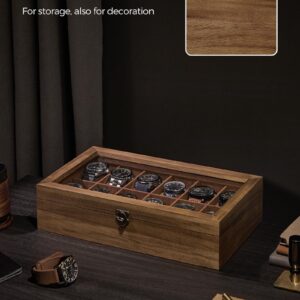 SONGMICS Watch Box, 12-Slot Watch Case, Solid Wood Watch Box Organizer with Glass Lid, Watch Display Case with Removable Pillows, Gift for Loved Ones, Rustic Walnut UJOW120K01