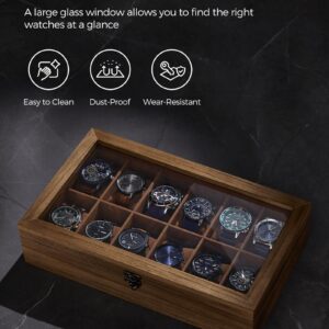 SONGMICS Watch Box, 12-Slot Watch Case, Solid Wood Watch Box Organizer with Glass Lid, Watch Display Case with Removable Pillows, Gift for Loved Ones, Rustic Walnut UJOW120K01