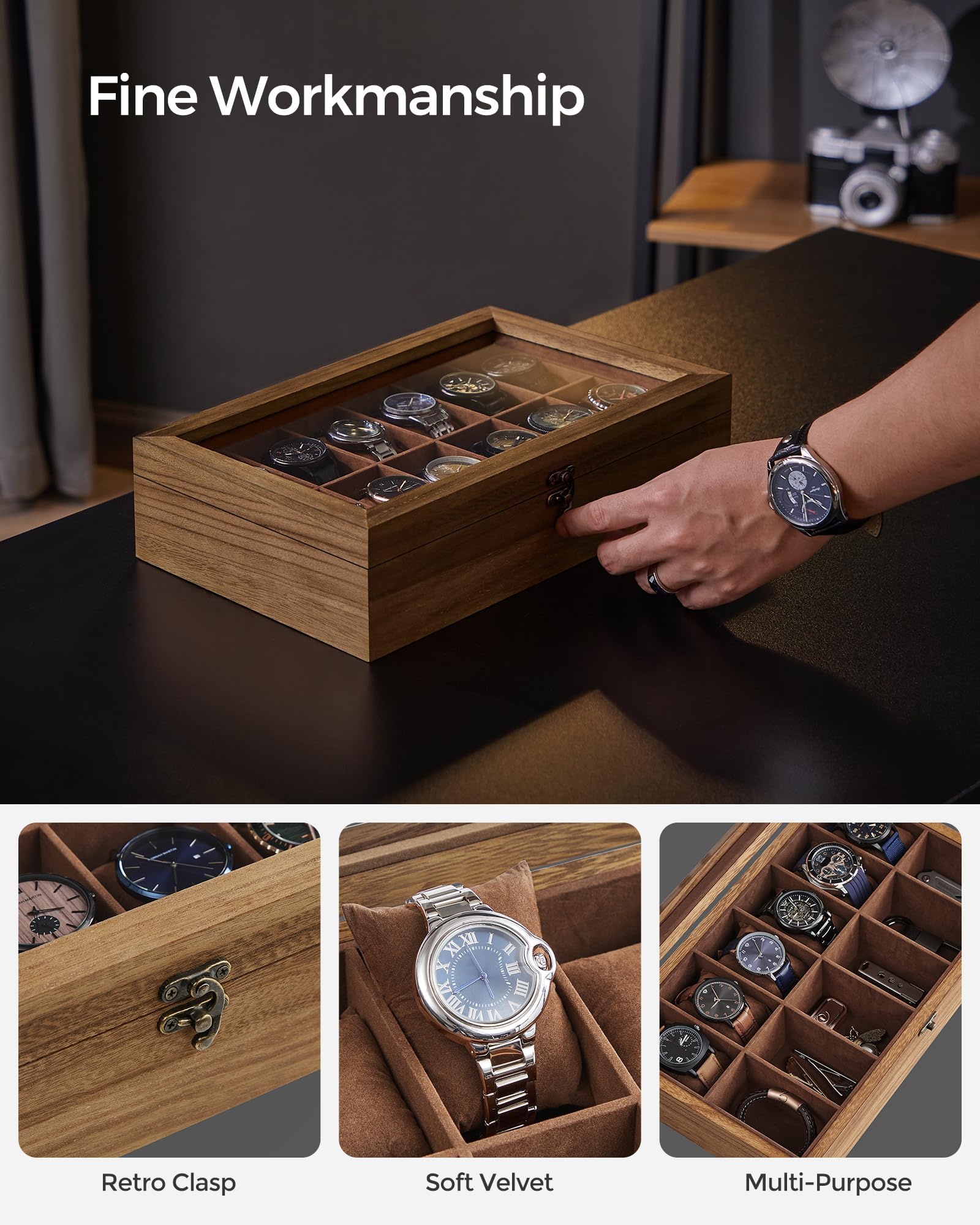 SONGMICS Watch Box, 12-Slot Watch Case, Solid Wood Watch Box Organizer with Glass Lid, Watch Display Case with Removable Pillows, Gift for Loved Ones, Rustic Walnut UJOW120K01