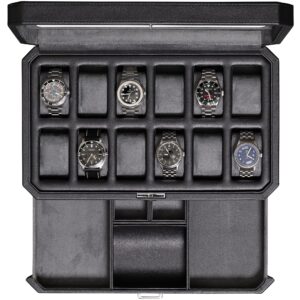 rothwell 12 slot leather watch box with valet drawer - luxury watch and jewelry case display organizer, microsuede liner, mens locking watch storage holder large glass top (black/grey)