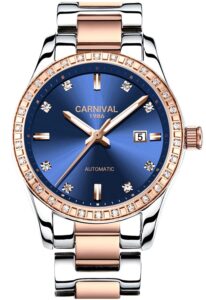 women's diamond automatic mechanical rose gold stainless steel sapphire waterproof lady's elegant blue watch (blue dial)