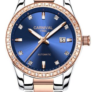 Women's Diamond Automatic Mechanical Rose Gold Stainless Steel Sapphire Waterproof Lady's Elegant Blue Watch (blue dial)