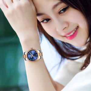 Women's Diamond Automatic Mechanical Rose Gold Stainless Steel Sapphire Waterproof Lady's Elegant Blue Watch (blue dial)