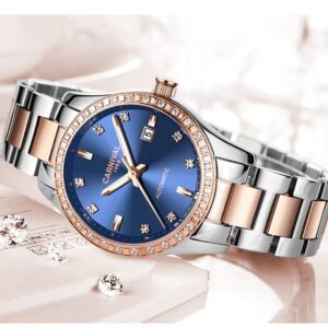 Women's Diamond Automatic Mechanical Rose Gold Stainless Steel Sapphire Waterproof Lady's Elegant Blue Watch (blue dial)