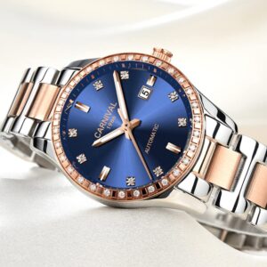 Women's Diamond Automatic Mechanical Rose Gold Stainless Steel Sapphire Waterproof Lady's Elegant Blue Watch (blue dial)