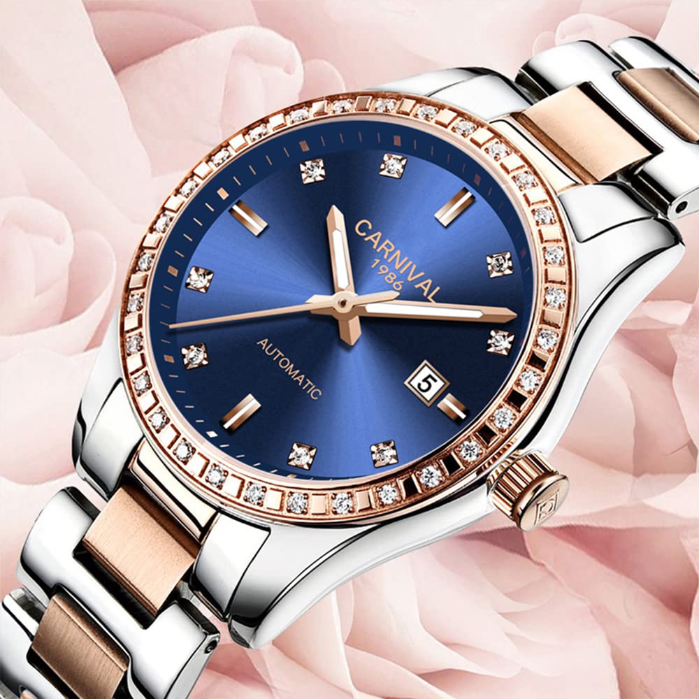 Women's Diamond Automatic Mechanical Rose Gold Stainless Steel Sapphire Waterproof Lady's Elegant Blue Watch (blue dial)