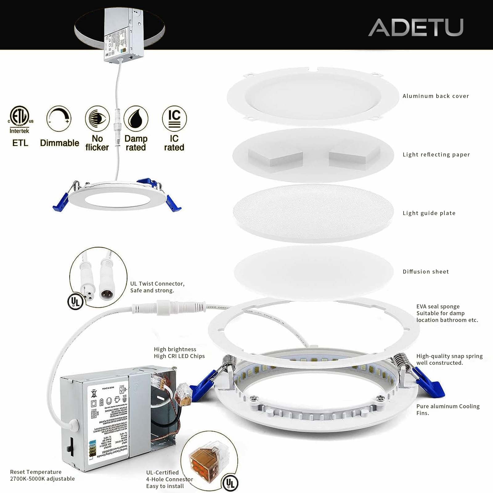 Adetu 12 Pack 4 Inch Ultra-Thin LED Recessed Ceiling Light with Junction Box, Dimmable Canless Wafer Downlight,6000K Daylight Deluxe,9W Eqv 80W,810LM High Brightness,ETL and Energy Star Certified