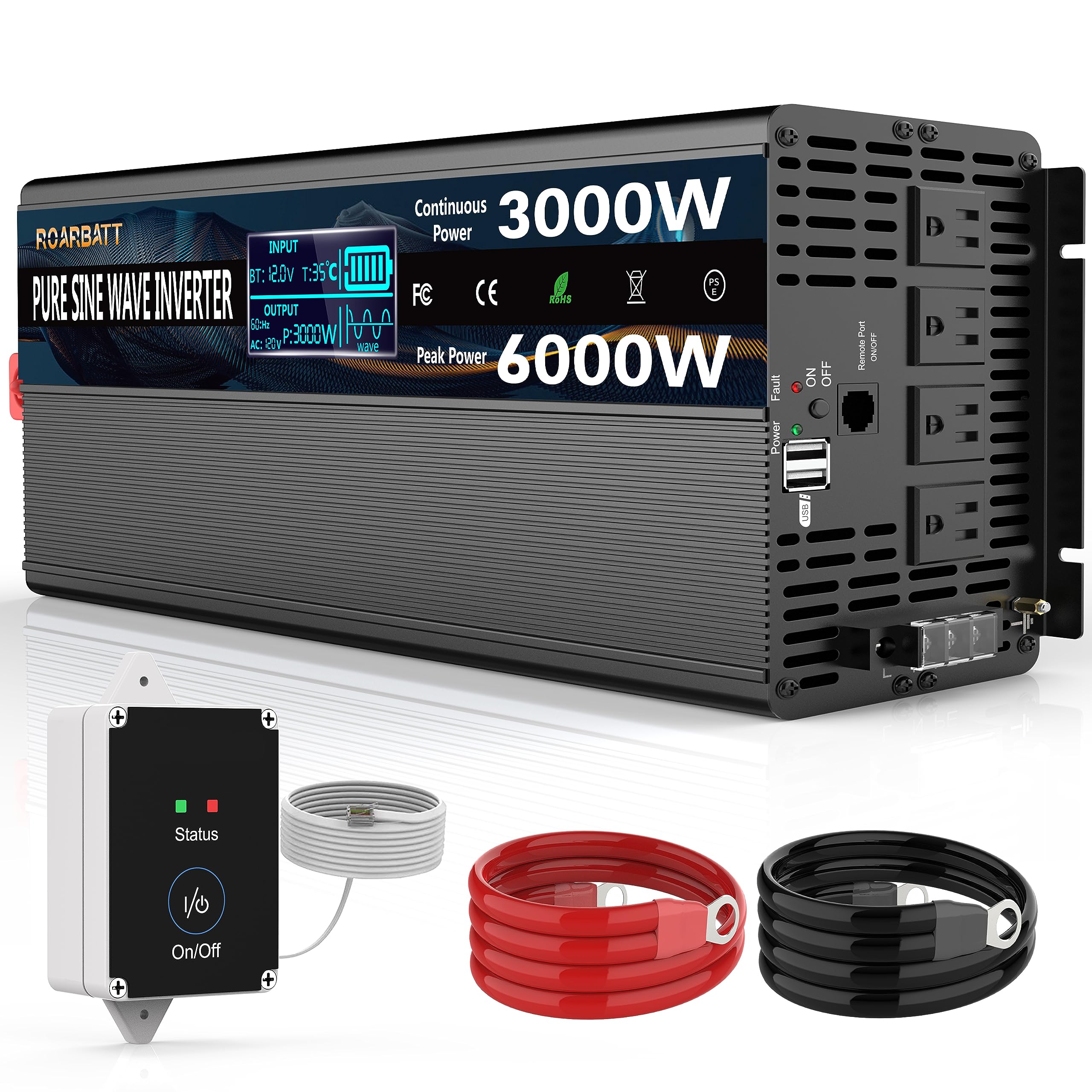 Pure Sine Wave Power Inverters 3000W 12V DC to AC 110V 120V Peak Power 6000W with Remote Control 4 AC Outlets,Dual USB Port,LED Display AC Terminal Blocks for Power Inverter Truck RV Car Solar System