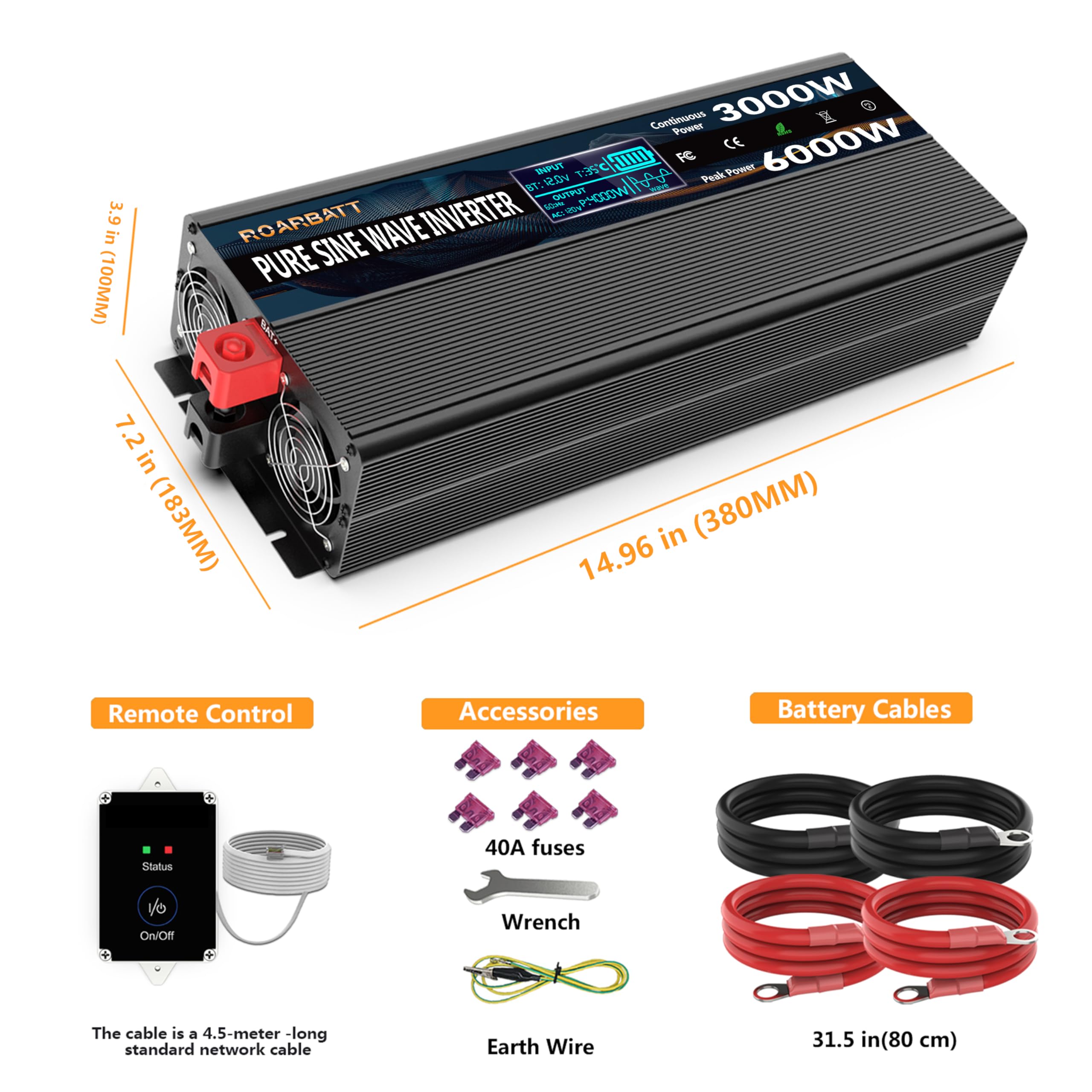 Pure Sine Wave Power Inverters 3000W 12V DC to AC 110V 120V Peak Power 6000W with Remote Control 4 AC Outlets,Dual USB Port,LED Display AC Terminal Blocks for Power Inverter Truck RV Car Solar System