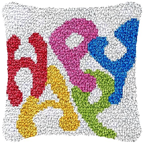 Yglnden Latch Hook Kit Pillow DIY Throw Cover Crochet Needlework Colour Printed Canvas Decor for Kids Adults (Happy E:42x42cm/16 X16)