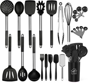 silicone cooking utensil set,kitchen utensils 26 pcs cooking utensils set,non-stick heat resistant silicone,cookware with stainless steel handle (sable)