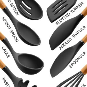 Country Kitchen Silicone Cooking Utensils, 8 Pc Kitchen Utensil Set, Easy to Clean Wooden Kitchen Utensils, Cooking Utensils for Nonstick Cookware, Kitchen Gadgets and Spatula Set - Black