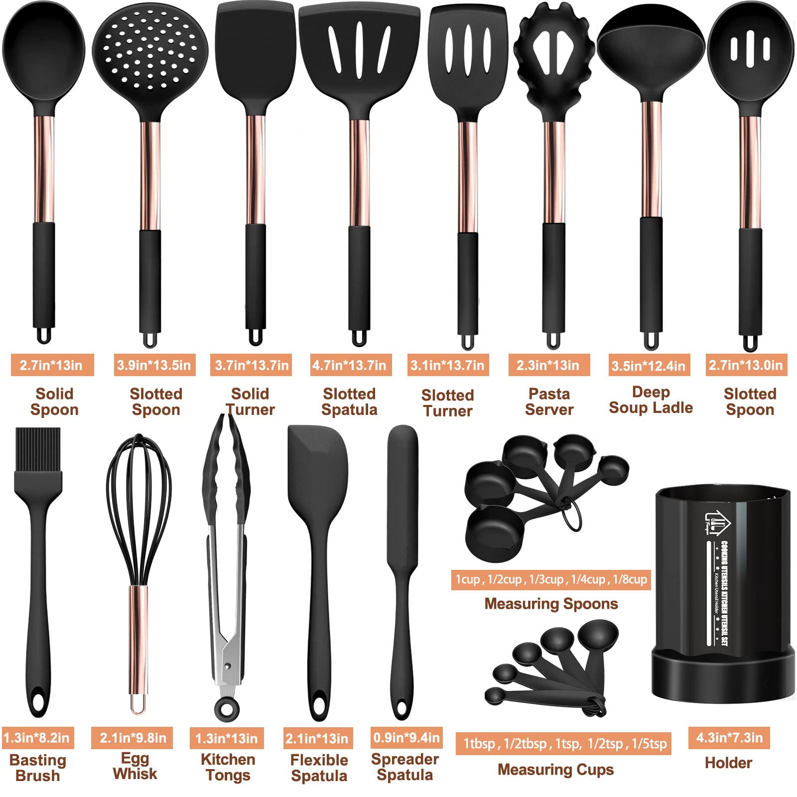 Silicone Cooking Utensil Set, Fungun 24pcs Silicone Cooking Kitchen Utensils Set, Non-stick Heat Resistant - Best Kitchen Spatulas Set with Copper Stainless Steel Handle - Black(BPA Free, Non Toxic)