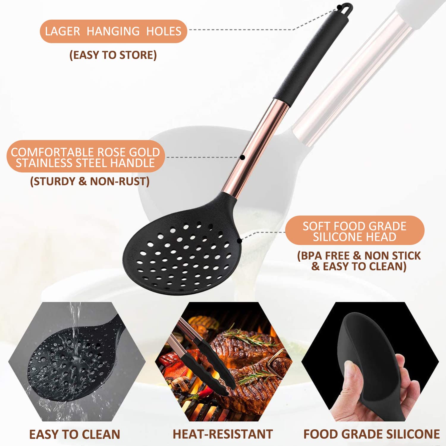 Silicone Cooking Utensil Set, Fungun 24pcs Silicone Cooking Kitchen Utensils Set, Non-stick Heat Resistant - Best Kitchen Spatulas Set with Copper Stainless Steel Handle - Black(BPA Free, Non Toxic)