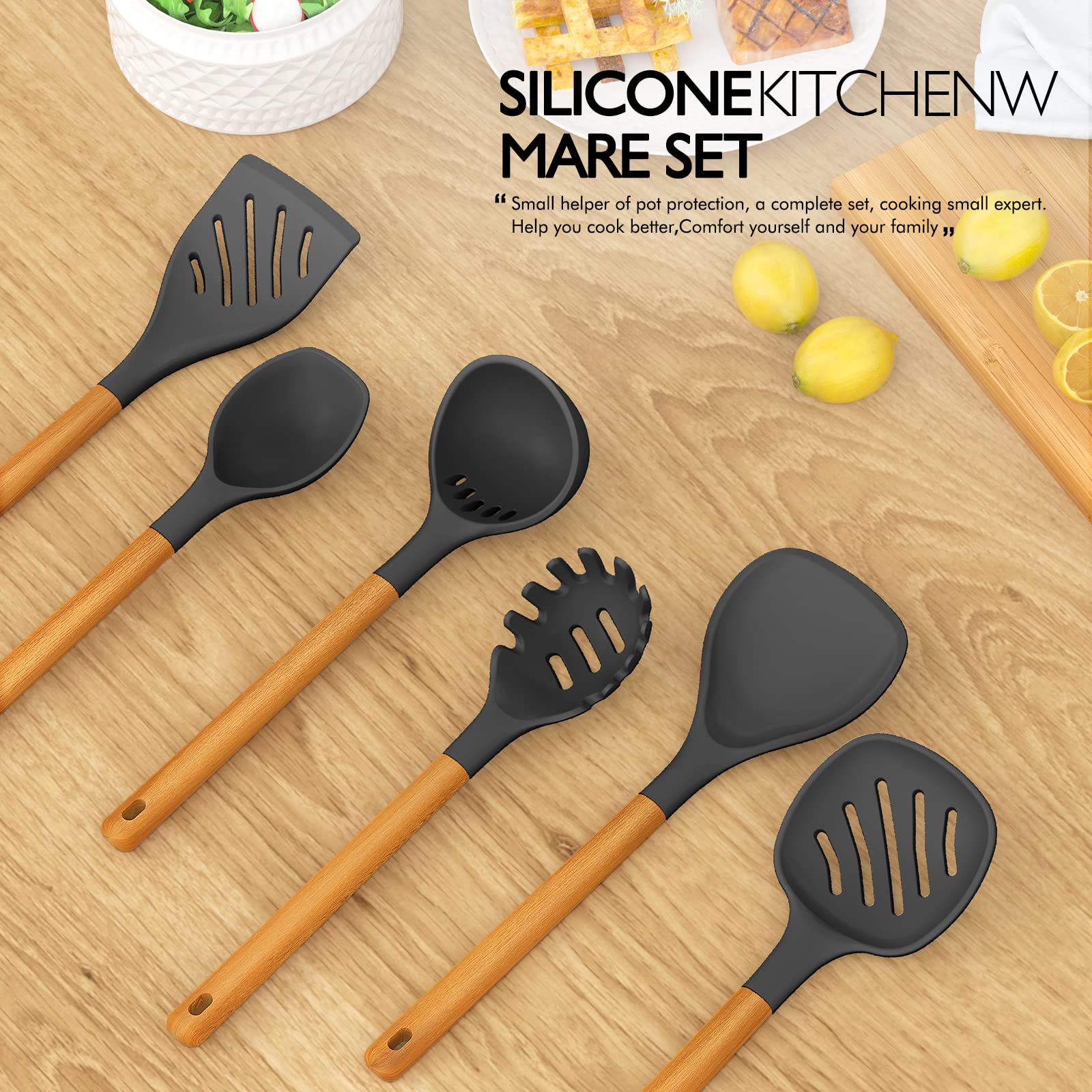 Large Silicone Cooking Utensils Set - Heat Resistant Silicone Utensils for Cooking w Long Wooden Handles, Kitchen Utensil Spatula Set, Kitchen Gadgets for Non-Stick Cookware, BPA Free(Grey)