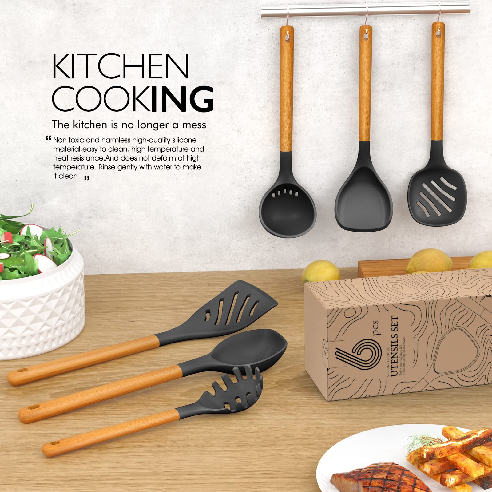 Large Silicone Cooking Utensils Set - Heat Resistant Silicone Utensils for Cooking w Long Wooden Handles, Kitchen Utensil Spatula Set, Kitchen Gadgets for Non-Stick Cookware, BPA Free(Grey)