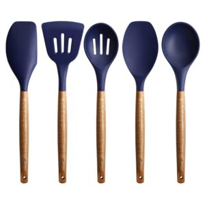 miusco non-stick silicone kitchen utensils set with natural acacia hard wood handle, 5 piece, midnight blue, bpa free, baking & serving silicone cooking utensils