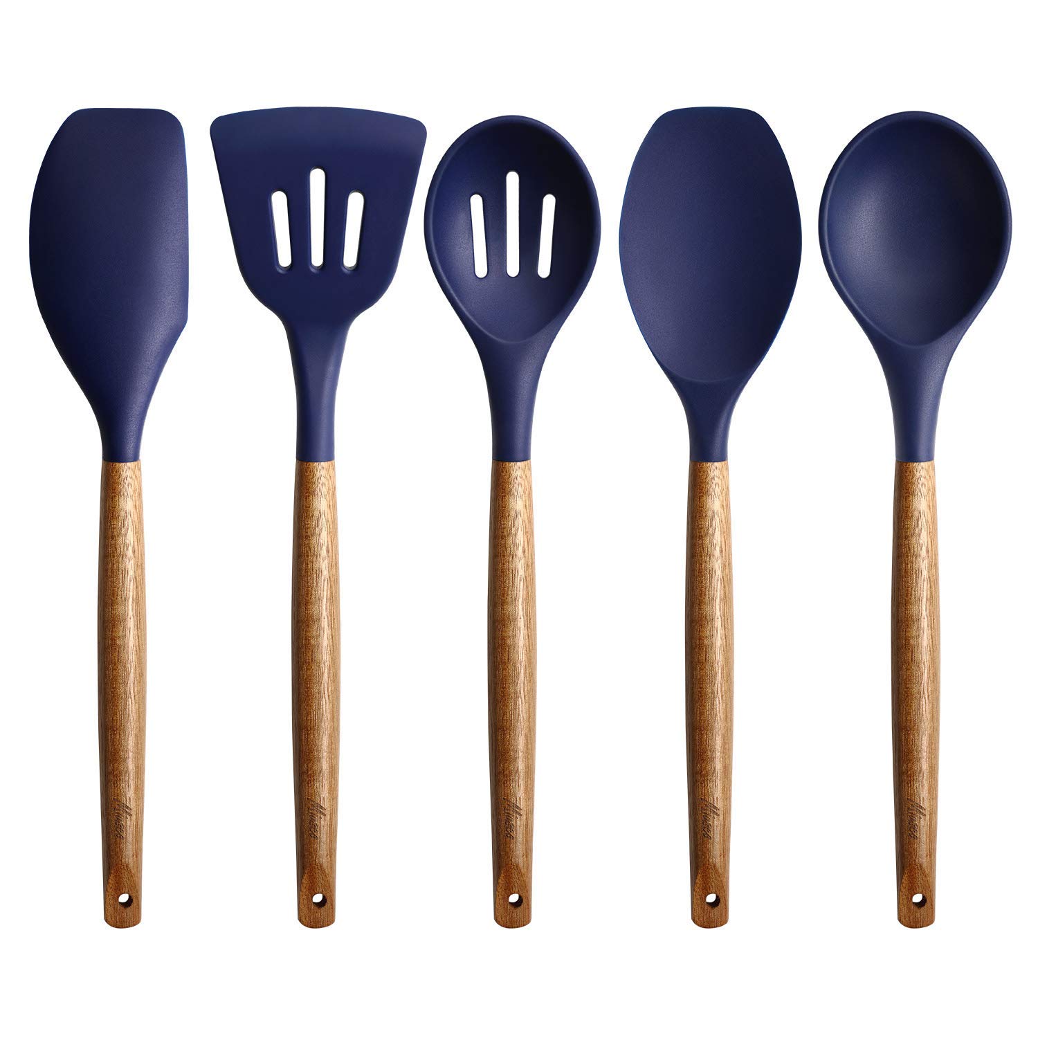 Miusco Non-Stick Silicone Kitchen Utensils Set with Natural Acacia Hard Wood Handle, 5 Piece, Midnight Blue, BPA Free, Baking & Serving Silicone Cooking Utensils