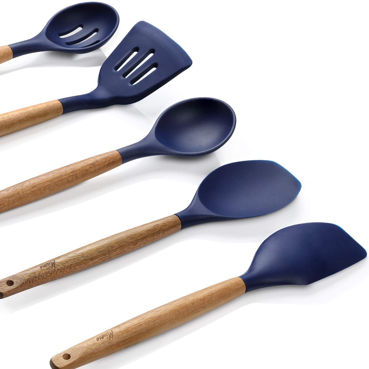 Miusco Non-Stick Silicone Kitchen Utensils Set with Natural Acacia Hard Wood Handle, 5 Piece, Midnight Blue, BPA Free, Baking & Serving Silicone Cooking Utensils