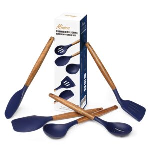 Miusco Non-Stick Silicone Kitchen Utensils Set with Natural Acacia Hard Wood Handle, 5 Piece, Midnight Blue, BPA Free, Baking & Serving Silicone Cooking Utensils