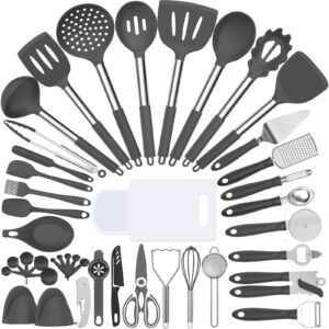 silicone cooking utensil set, umite chef 43 pcs heat resistant kitchen utensil gadgets set-stainless steel handle- kitchen spatula tools for nonstick cookware, pots and pans accessories(grey)