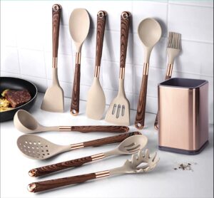 chef kitchen cooking utensils set, non-stick silicone cooking kitchen utensil set with holder, wooden handle silicone kitchen gadgets utensil set (oakwood)