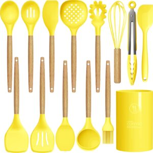 14 pcs silicone cooking utensils kitchen utensil set - 446°f heat resistant,turner tongs,spatula,spoon,brush,whisk, wooden handles yellow kitchen gadgets tools set for nonstick cookware (bpa free)