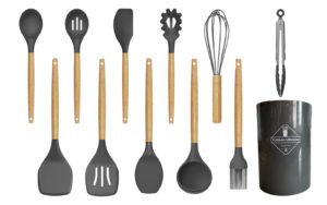 lagrace o naturel 12 pcs non-stick silicone kitchen utensil set – wooden spoons for cooking - 446°f heat resistant turner tongs, spatula, spoon, brush,