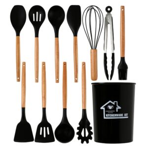 kitchen silicone cooking utensils set with wooden handle. 446°f heat resistant, bpa free, dishwasher safe non-stick silicone kitchen gadgets cookware set(12pcs set) (black)