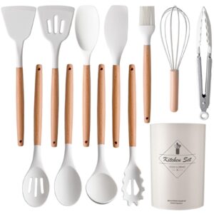 12 pcs silicone cooking utensils kitchen utensil set with holder heat resistant silicone spatula turner set wooden spoons kitchen gadgets tools cooking utensils for nonstick cookware (white)