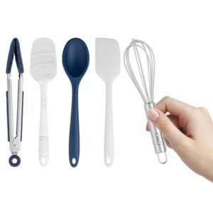 cook with color set of five mini kitchen utensil set - silicone kitchen tools, whisk, tong, spatula, spoonula and spoon (blue and white collection)