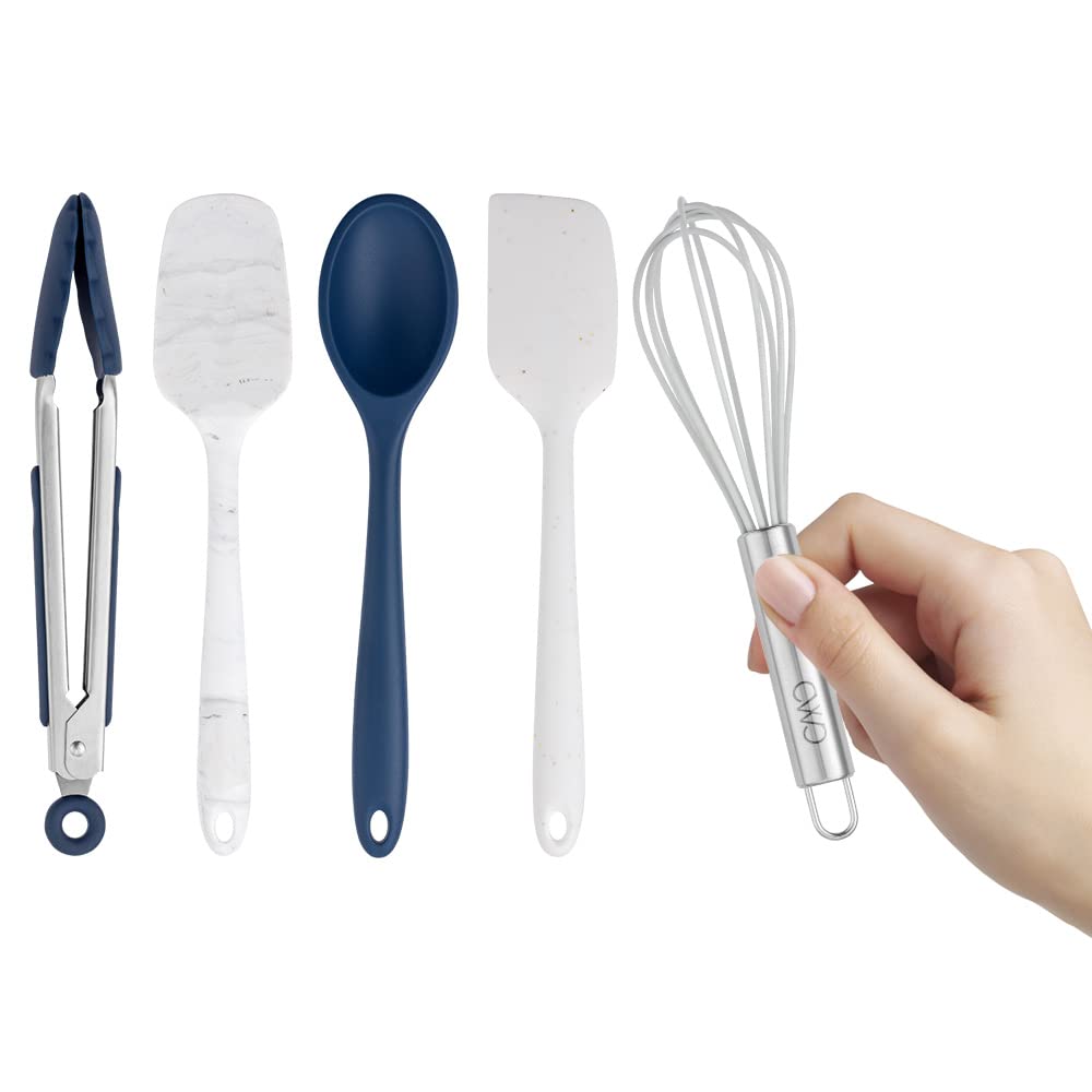 Cook With Color Set of Five MINI Kitchen Utensil Set - Silicone Kitchen Tools, Whisk, Tong, Spatula, Spoonula and Spoon (Blue and White Collection)