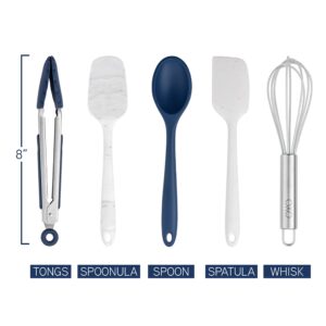 Cook With Color Set of Five MINI Kitchen Utensil Set - Silicone Kitchen Tools, Whisk, Tong, Spatula, Spoonula and Spoon (Blue and White Collection)